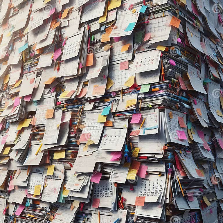 Tower of Documents and Sticky Notes Symbolizing Work Overload Stock ...