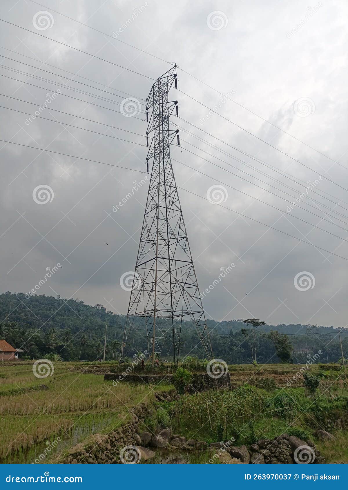 Tower fields clouds stock image. Image of line, clouds - 263970037