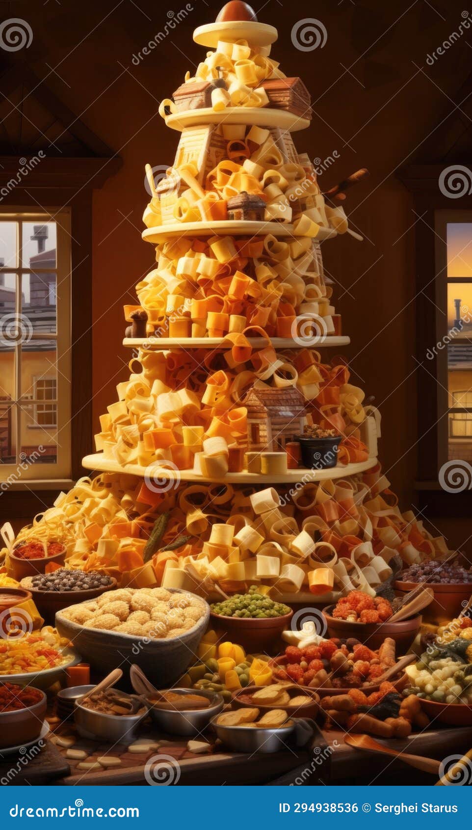 A Tower of Food is Shown in a Room, AI Stock Photo - Image of buffet ...