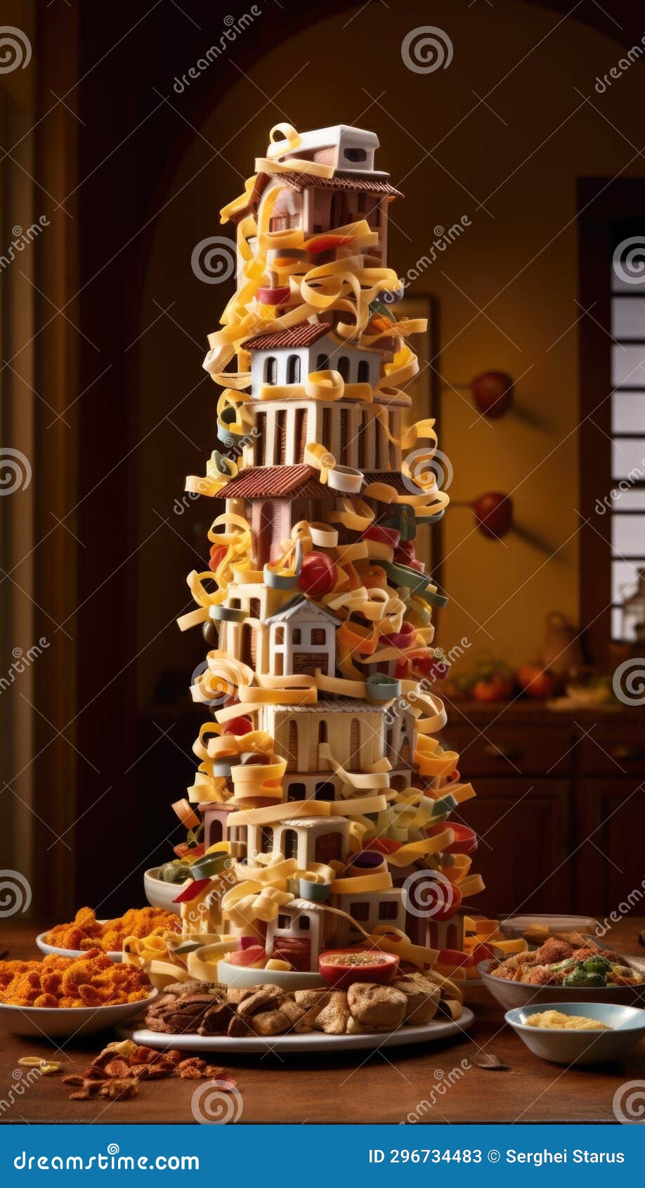 A Tower of Food Stacked on Top of a Table, AI Stock Illustration ...