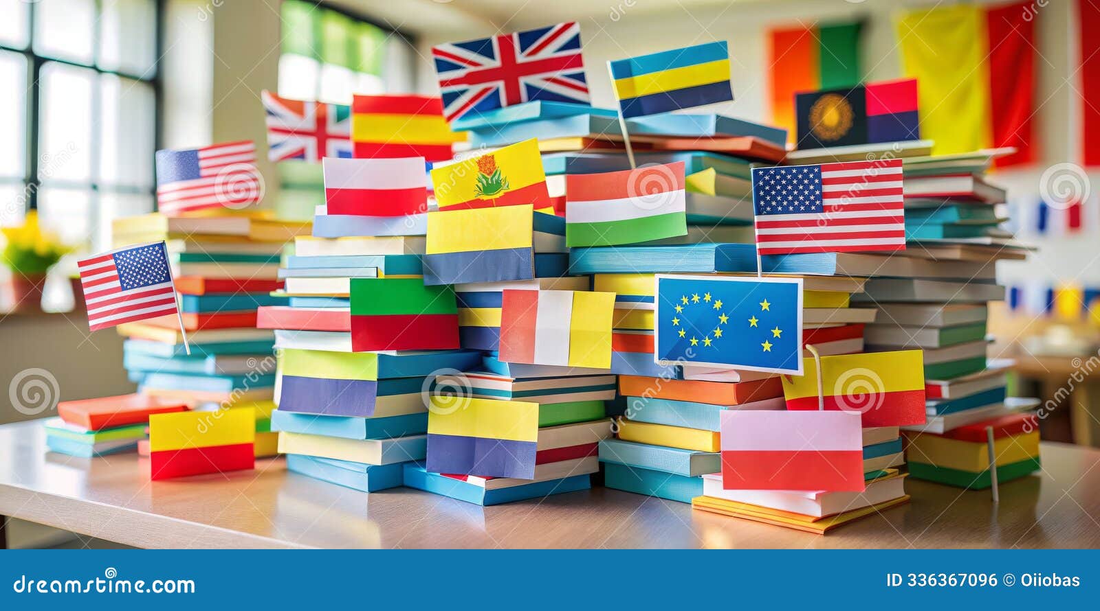 Tower of International Knowledge a Composition of Flags and Books ...