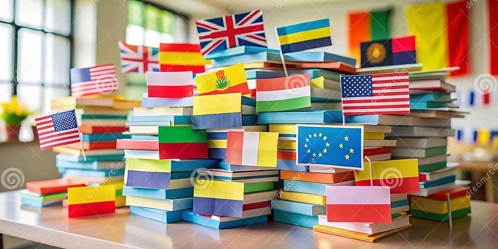 Tower of International Knowledge a Composition of Flags and Books ...