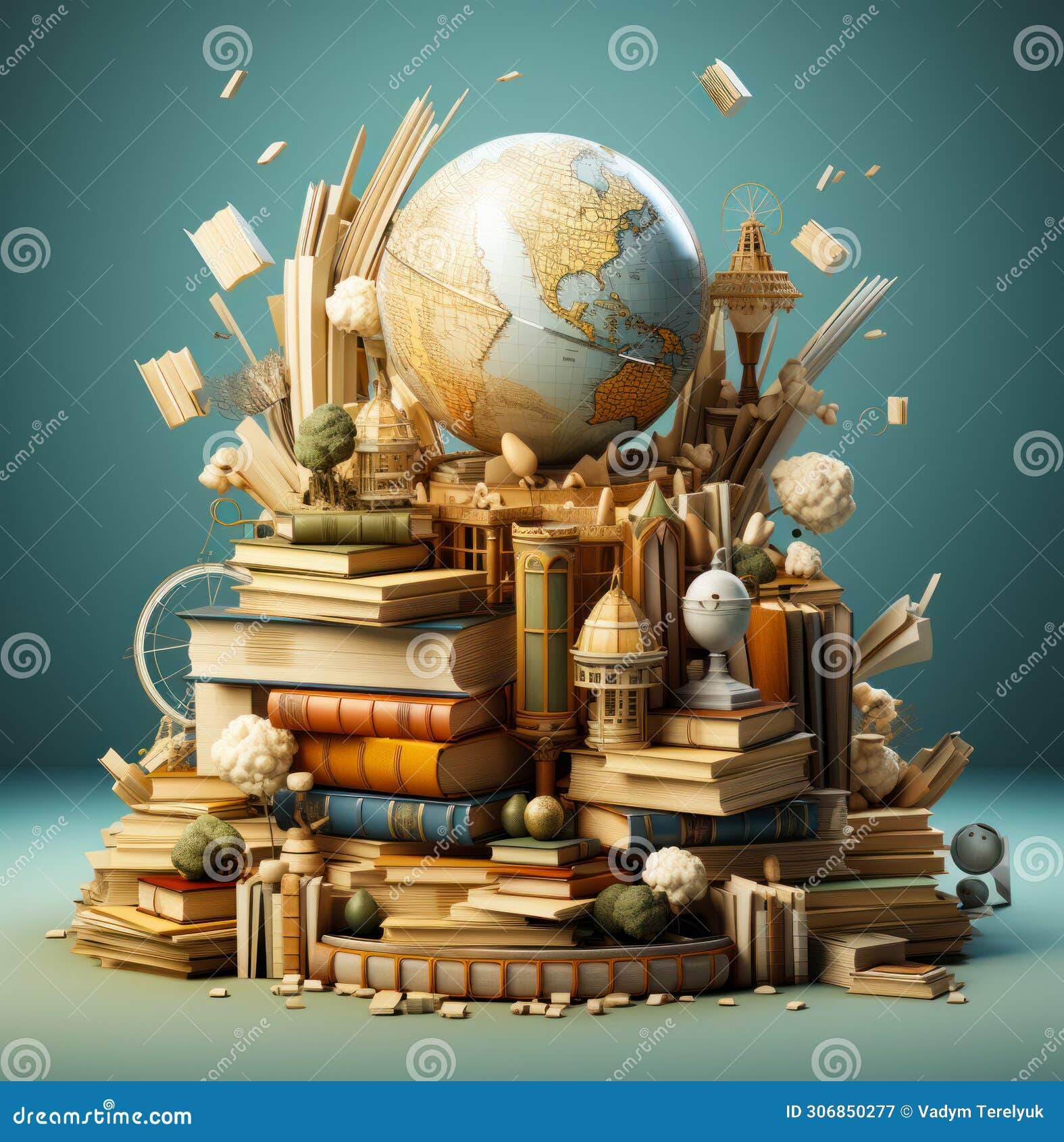 A Tower of Knowledge: Books and Globe Symbolizing Learning, Exploration ...
