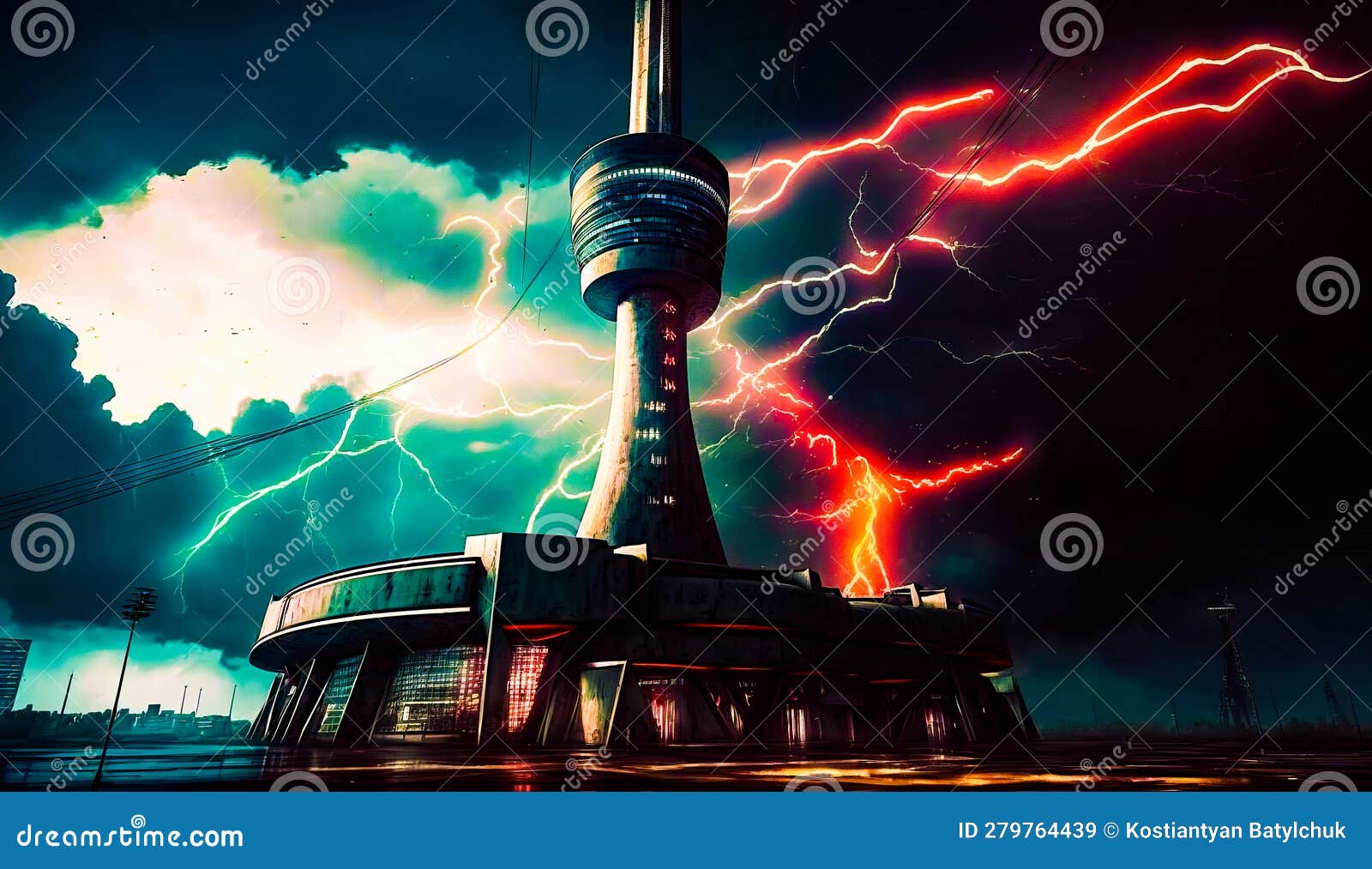 Tower with Lightning in the Background and Sky Full of Clouds Above it ...