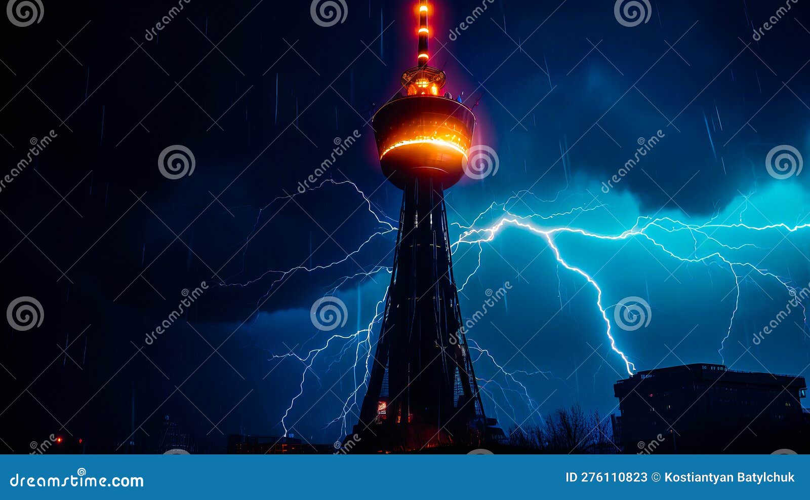 Tower with Lot of Lightning in the Sky Above it and Building with Clock ...