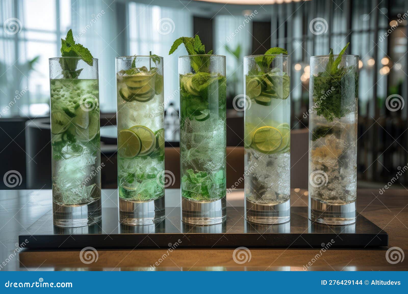 Tower of Mojito Cocktails, Each Glass Different and Unique Stock ...