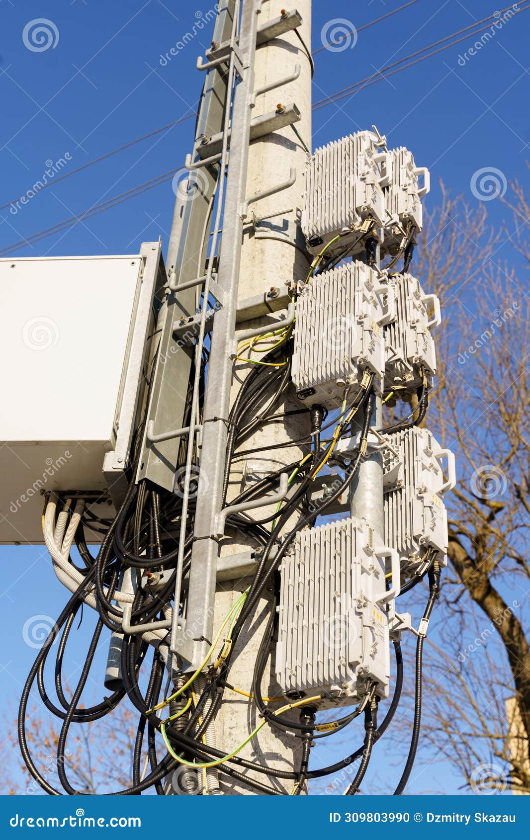 Tower with Multiple Wires and Attachments Stock Photo - Image of ...