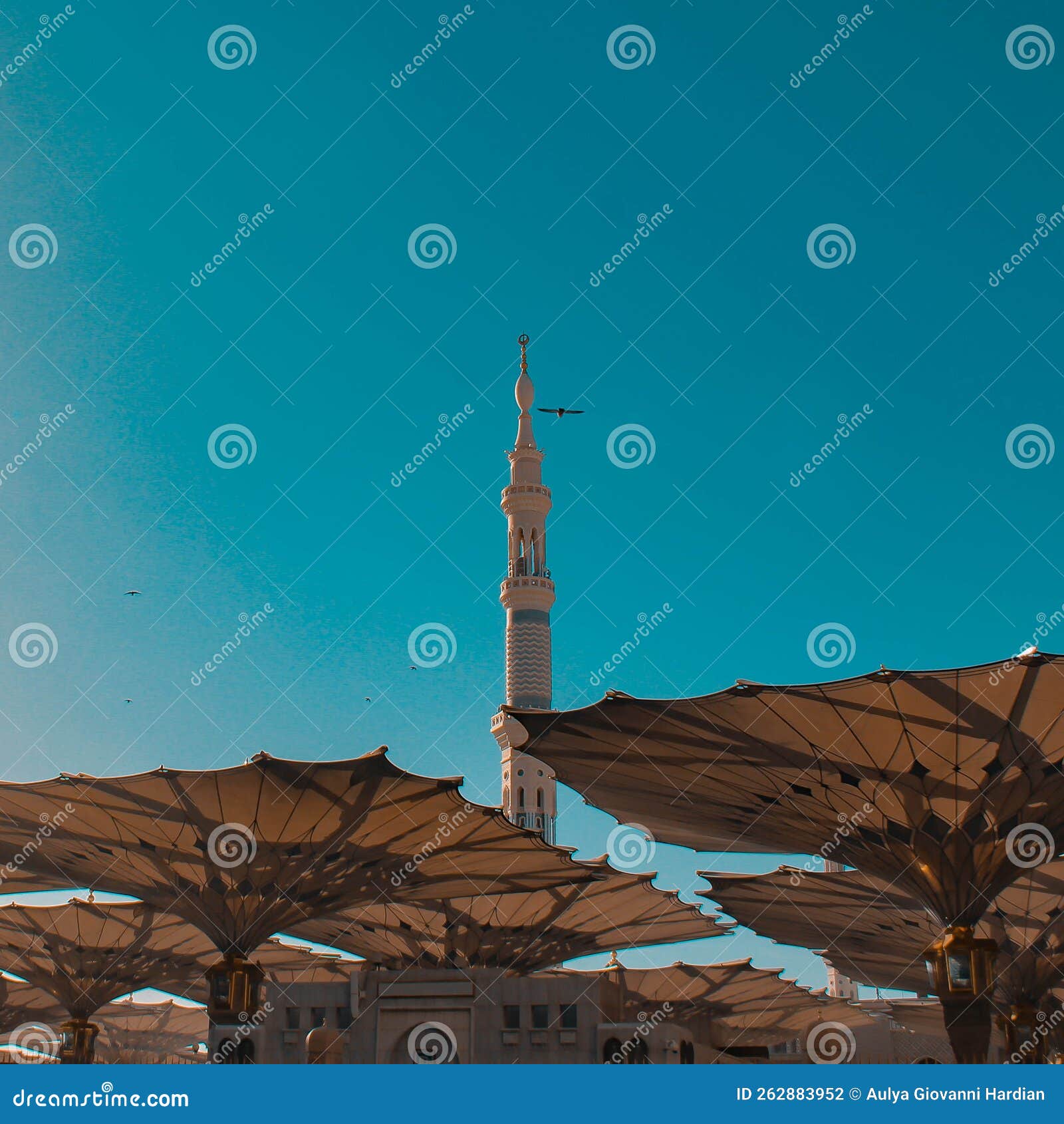 A Tower of Nabawi Mosque with the Umbrella Open Stock Photo - Image of ...