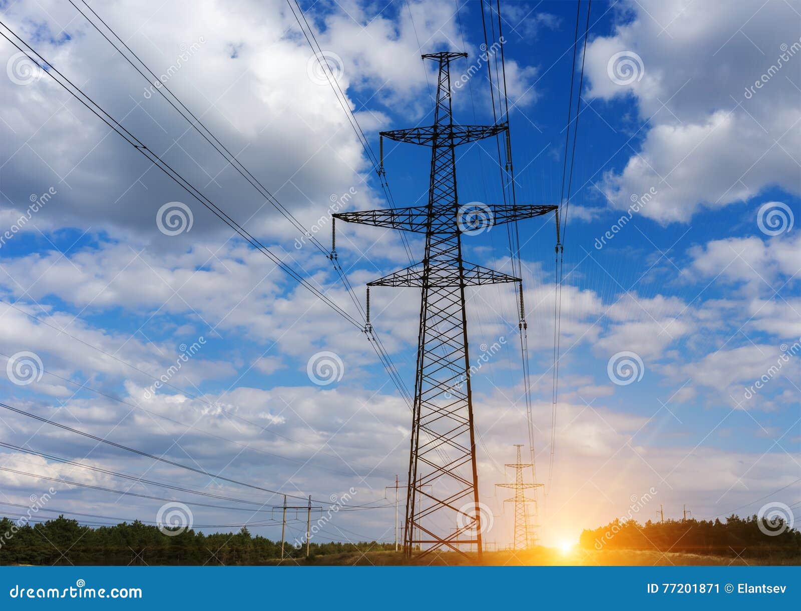 Tower of Power Lines and Electrical Wires, Clouds at Sunset. Stock ...