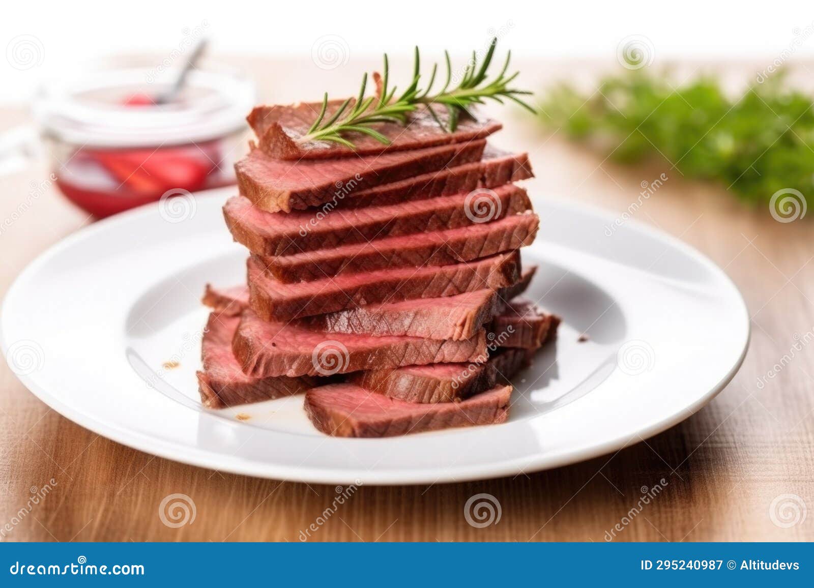 Tower Stack of Steak Slices on a Clean White Plate Stock Image - Image ...