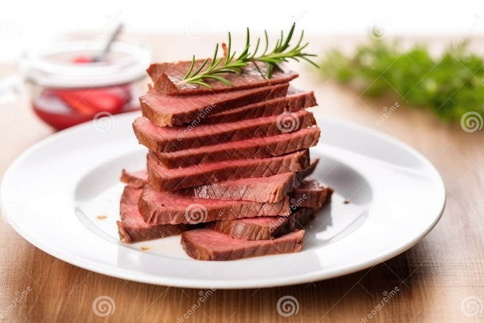 Tower Stack of Steak Slices on a Clean White Plate Stock Image - Image ...