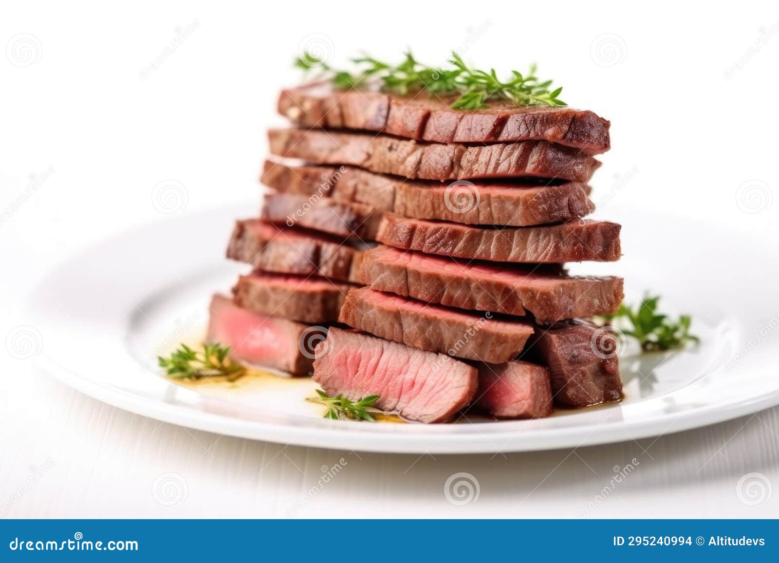 Tower Stack of Steak Slices on a Clean White Plate Stock Photo - Image ...