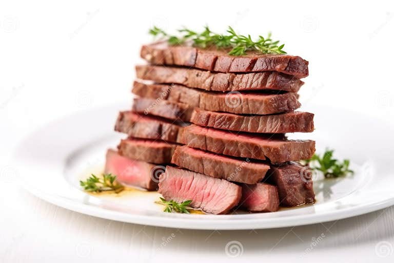 Tower Stack of Steak Slices on a Clean White Plate Stock Photo - Image ...