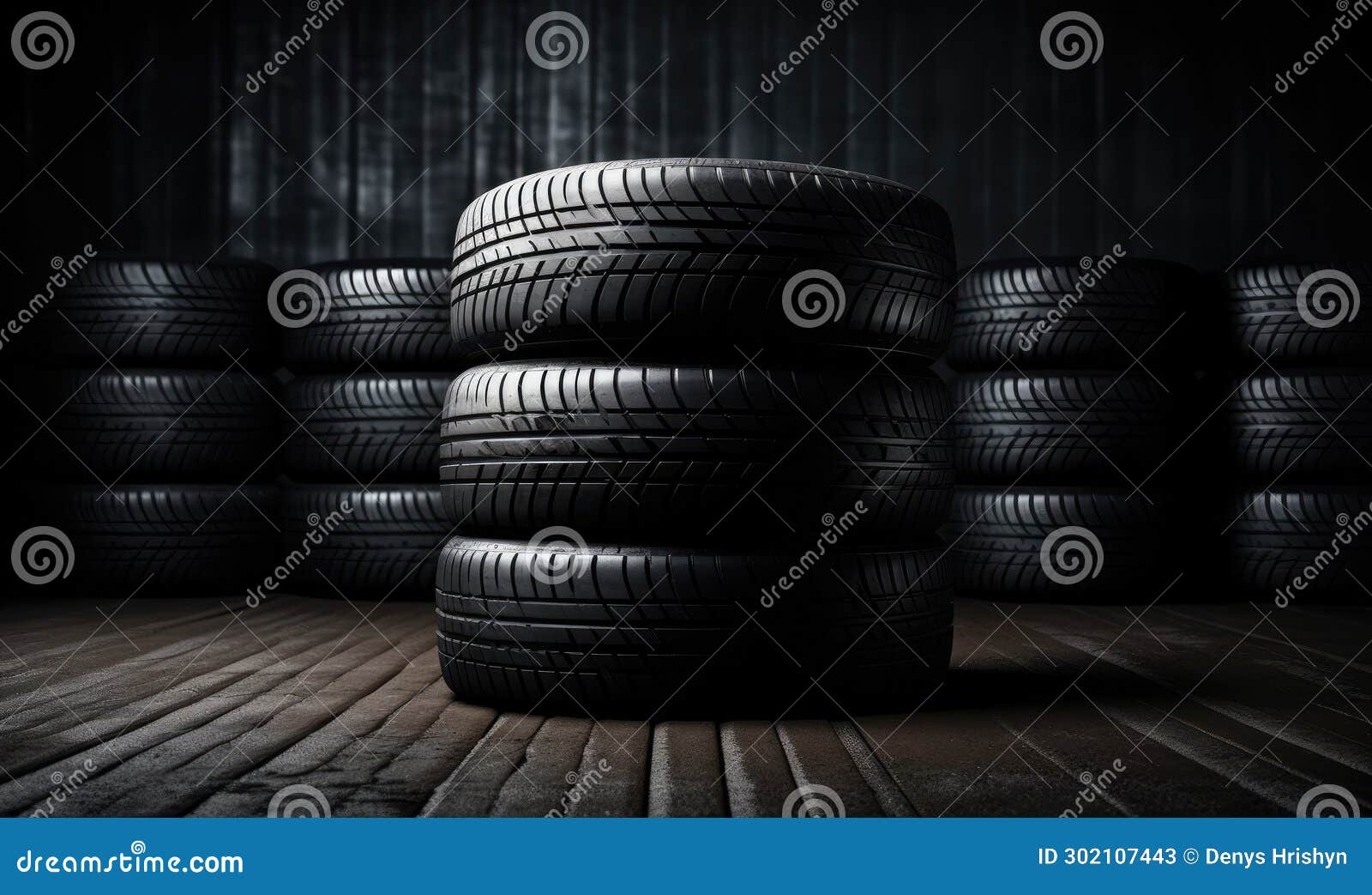 A Tower of Tires on a Rustic Wooden Floor Stock Illustration ...