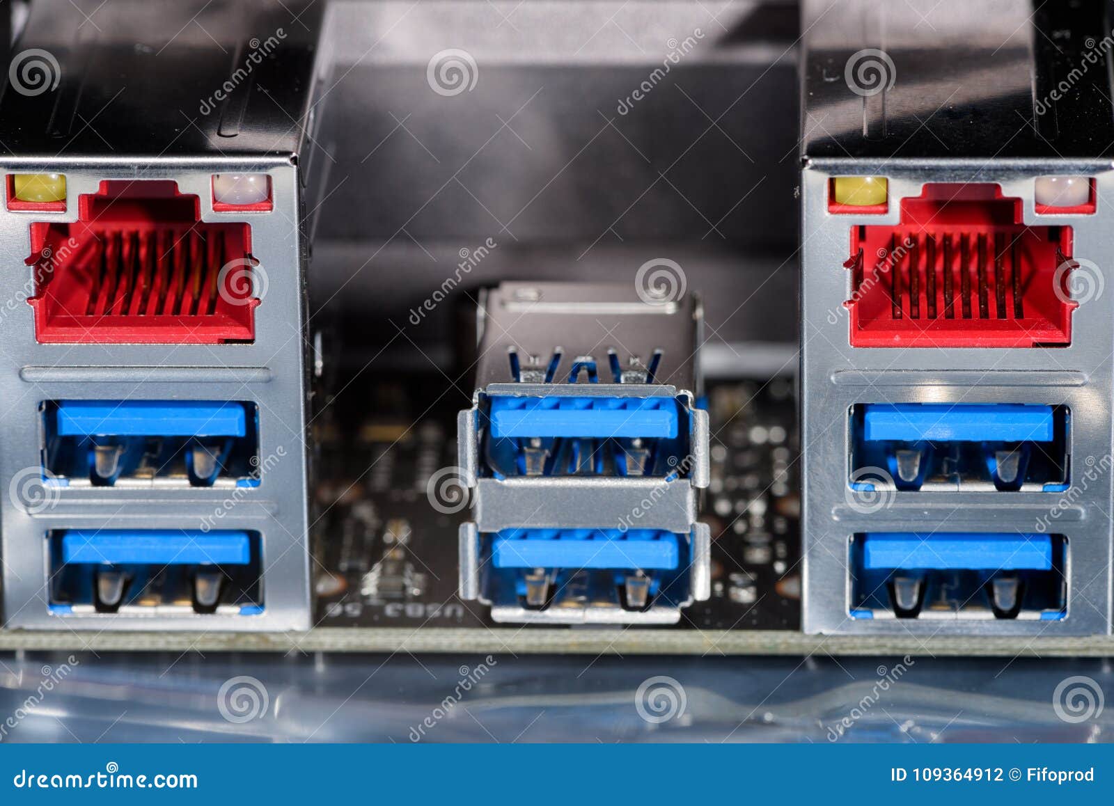 Tower with USB 3.0 and LAN Ports on a Modern Computer Mainboard Stock ...