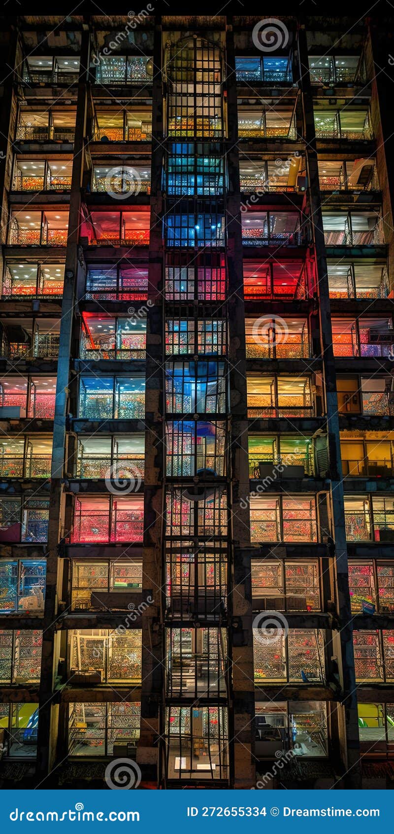 Tower of Various Floors with Dot Matrix Windows of Various Color ...