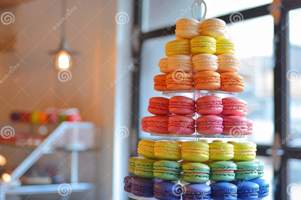 A Tower of Whimsical Rainbow-colored Macaroons is Placed in Front of a ...