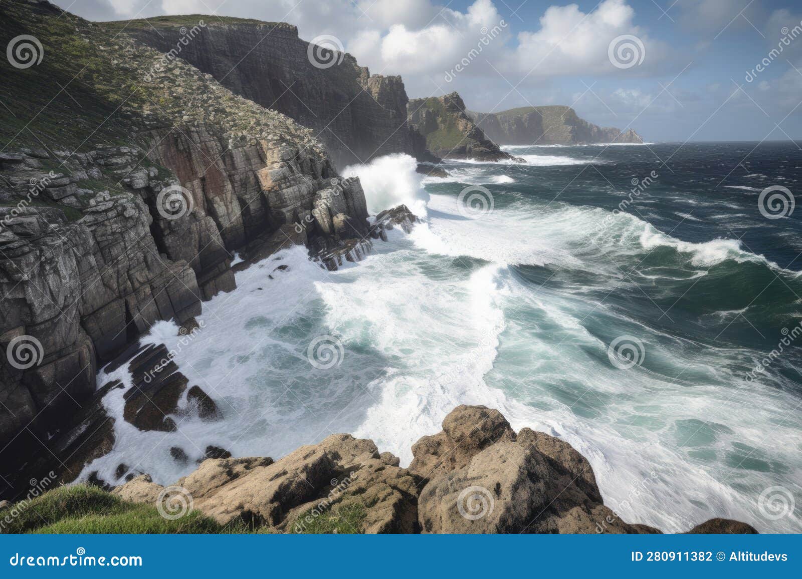 The Towering Cliffs, Surrounded by the Azure Sea, with Waves Crashing ...