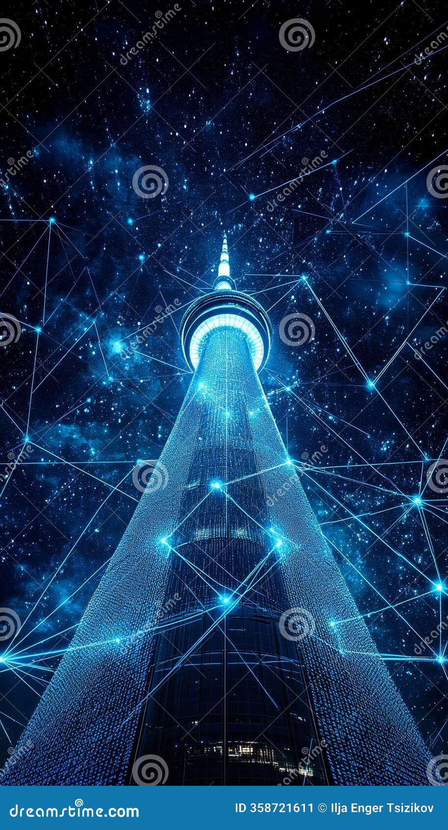 Towering Communication Hub Iconic Structure with Futuristic Network of ...