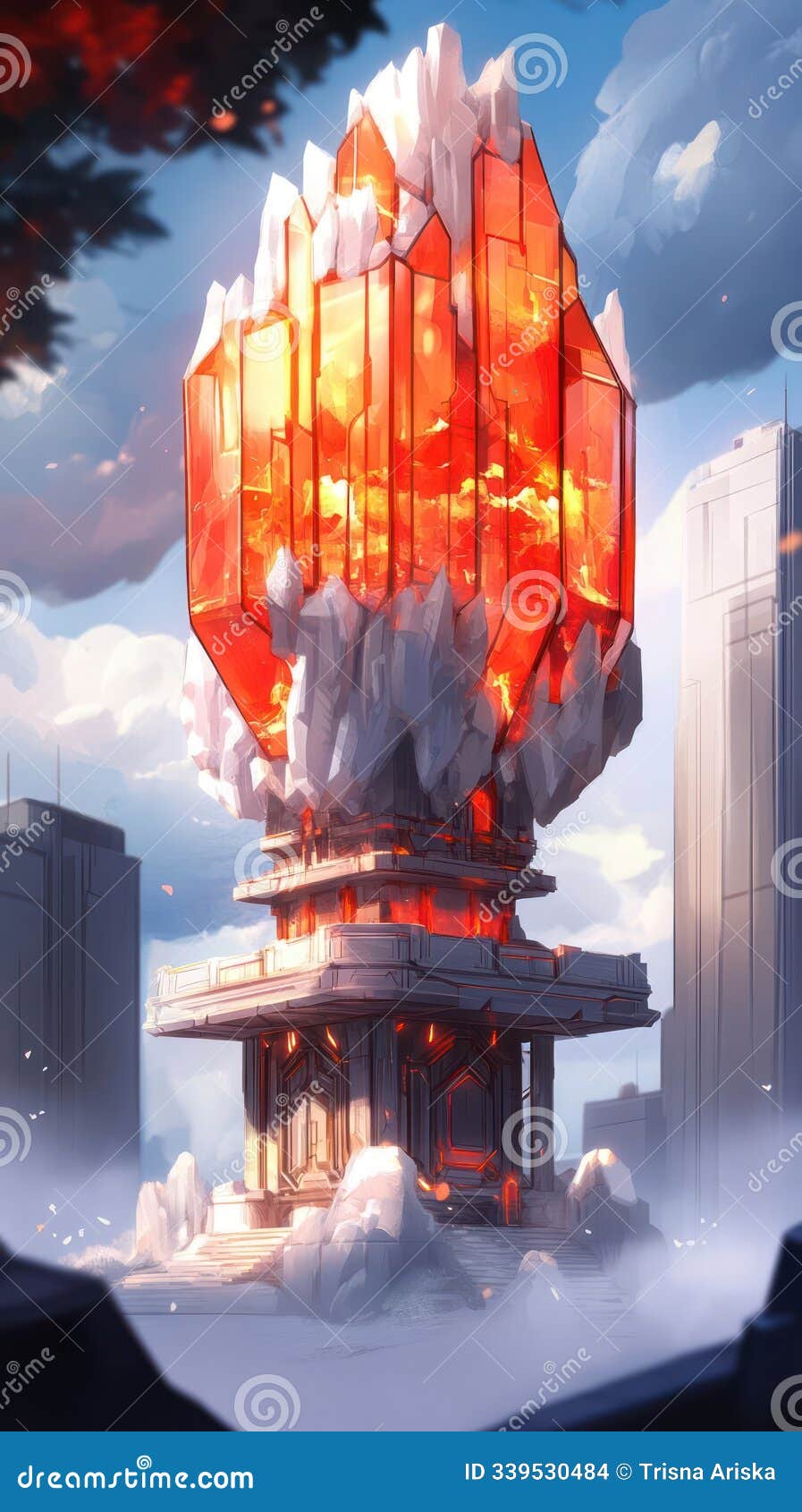 A Towering Crystal Structure Emitting Fiery Light, Surrounded by Modern ...