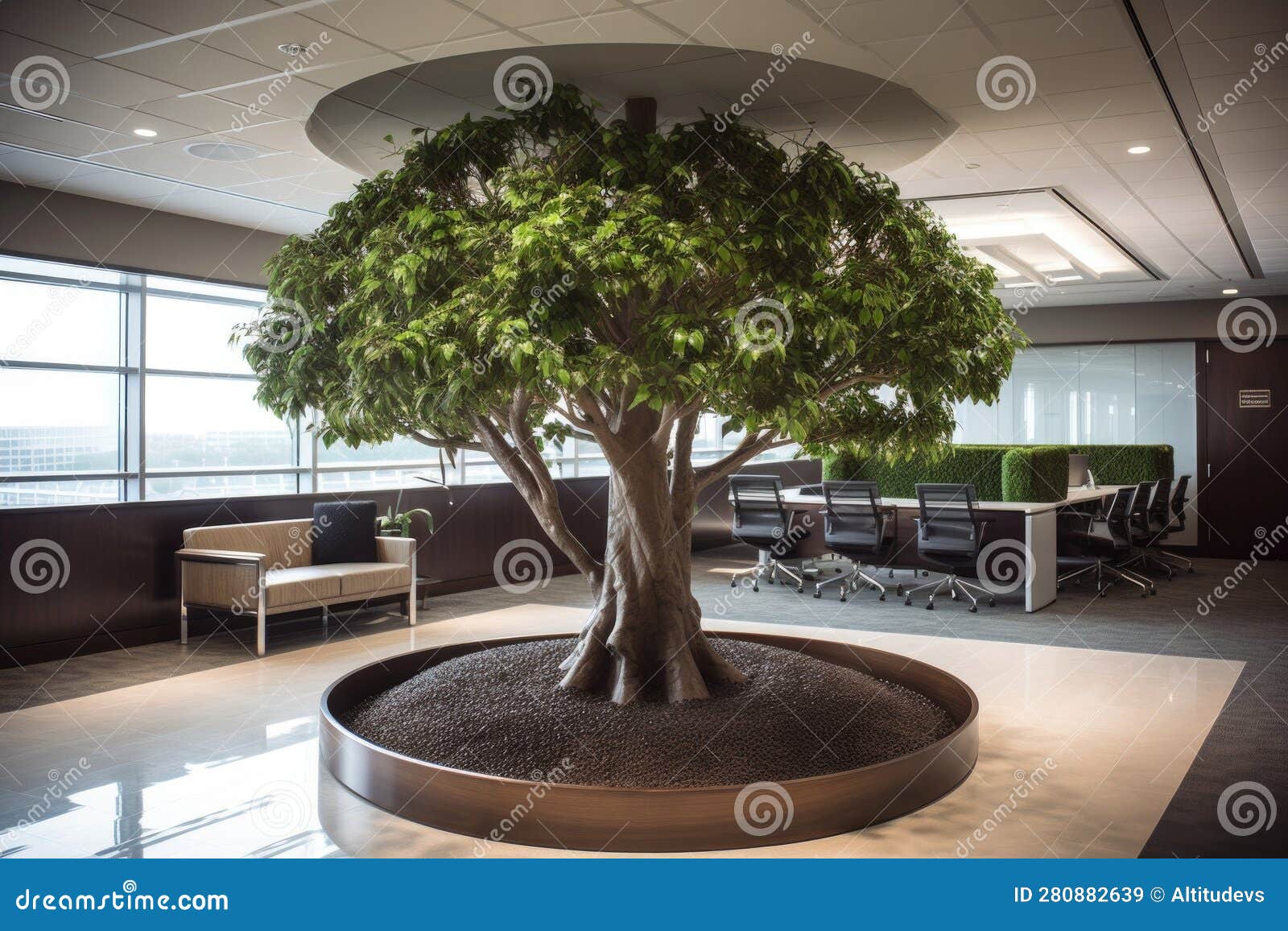Towering Ficus Tree in Modern Office Setting Stock Illustration ...