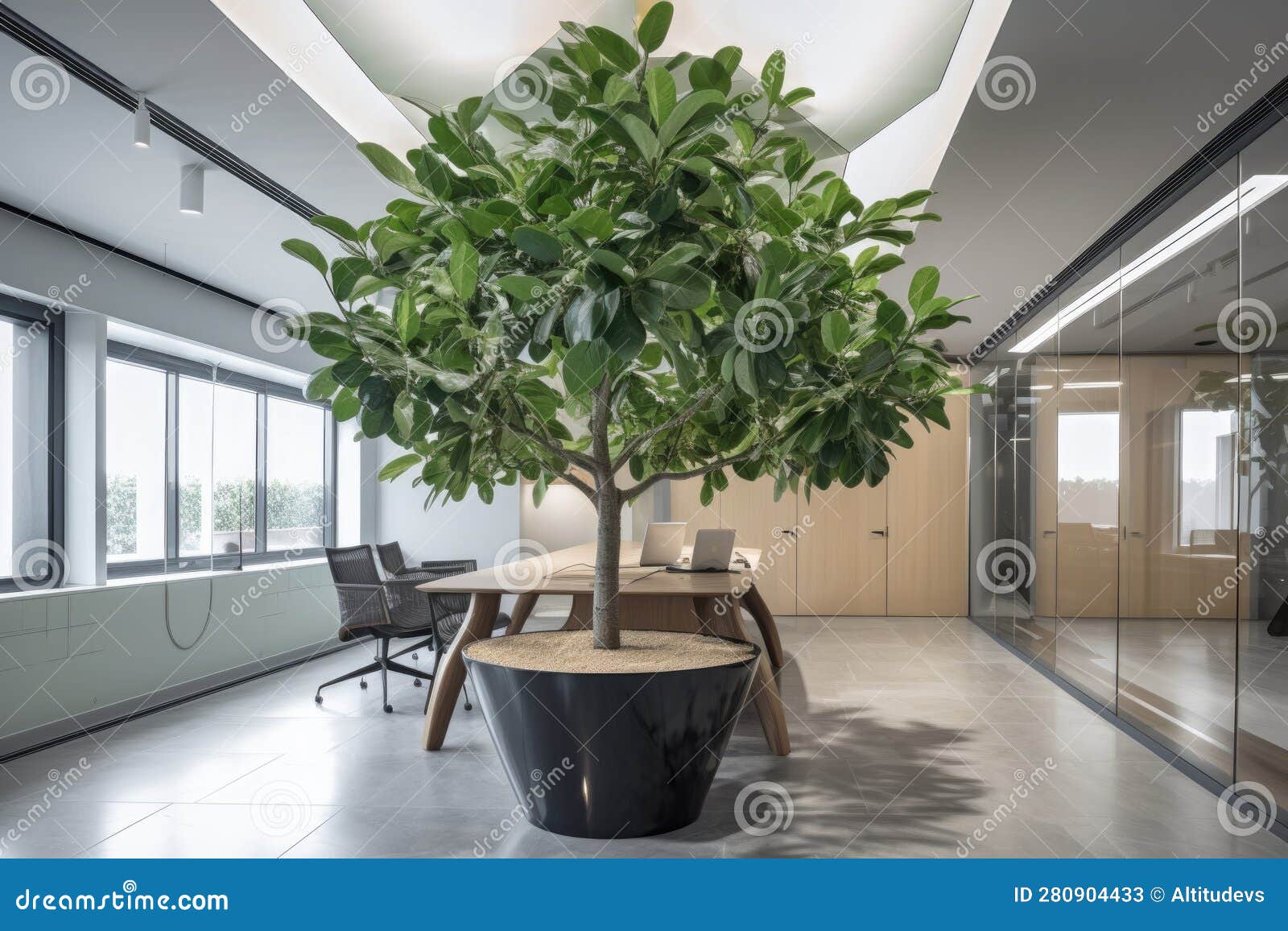 Towering Ficus Tree in Modern Office Setting Stock Illustration ...