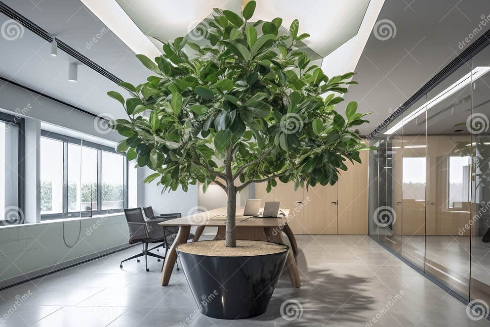 Towering Ficus Tree in Modern Office Setting Stock Illustration ...