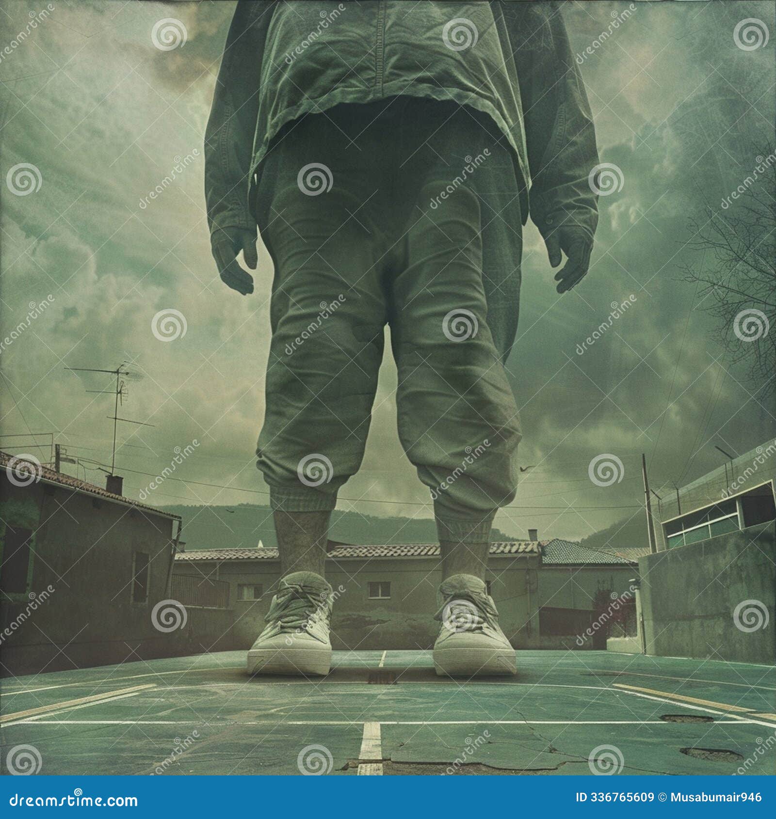 A Towering Figure Dominates the Skyline on a Vibrant Court Stock ...