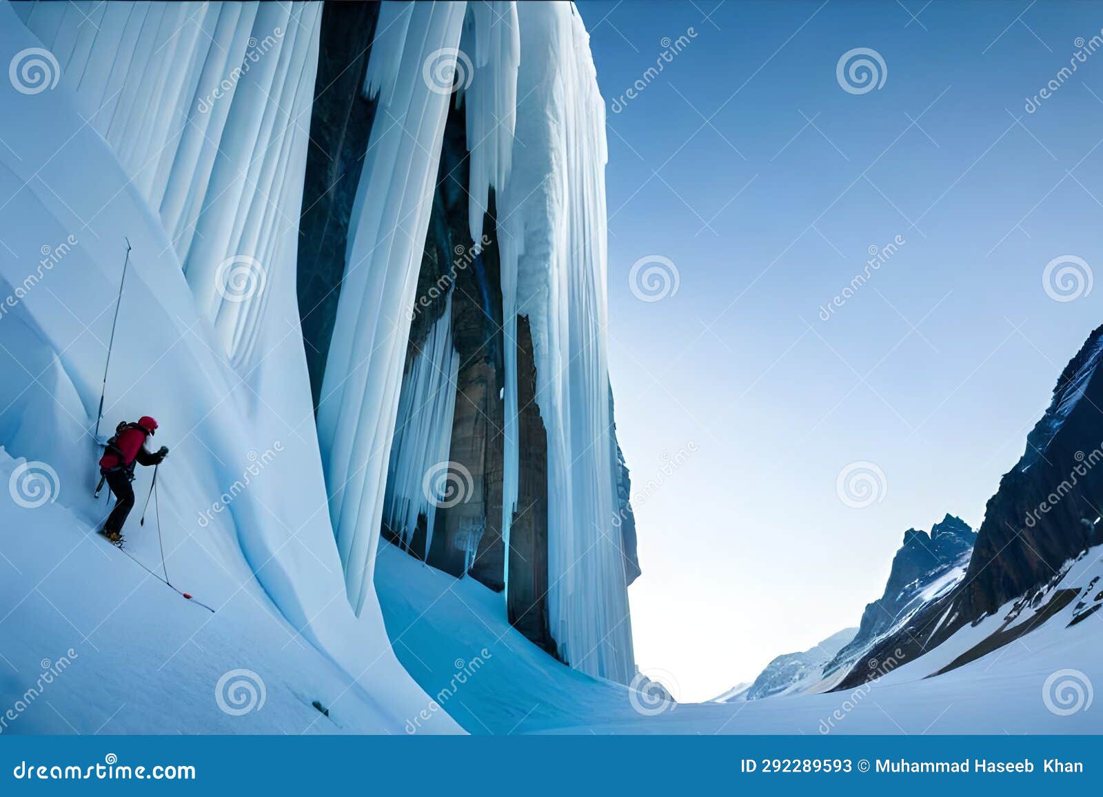 A Towering Icefall with Climbers Navigating Intricate Frozen Features ...