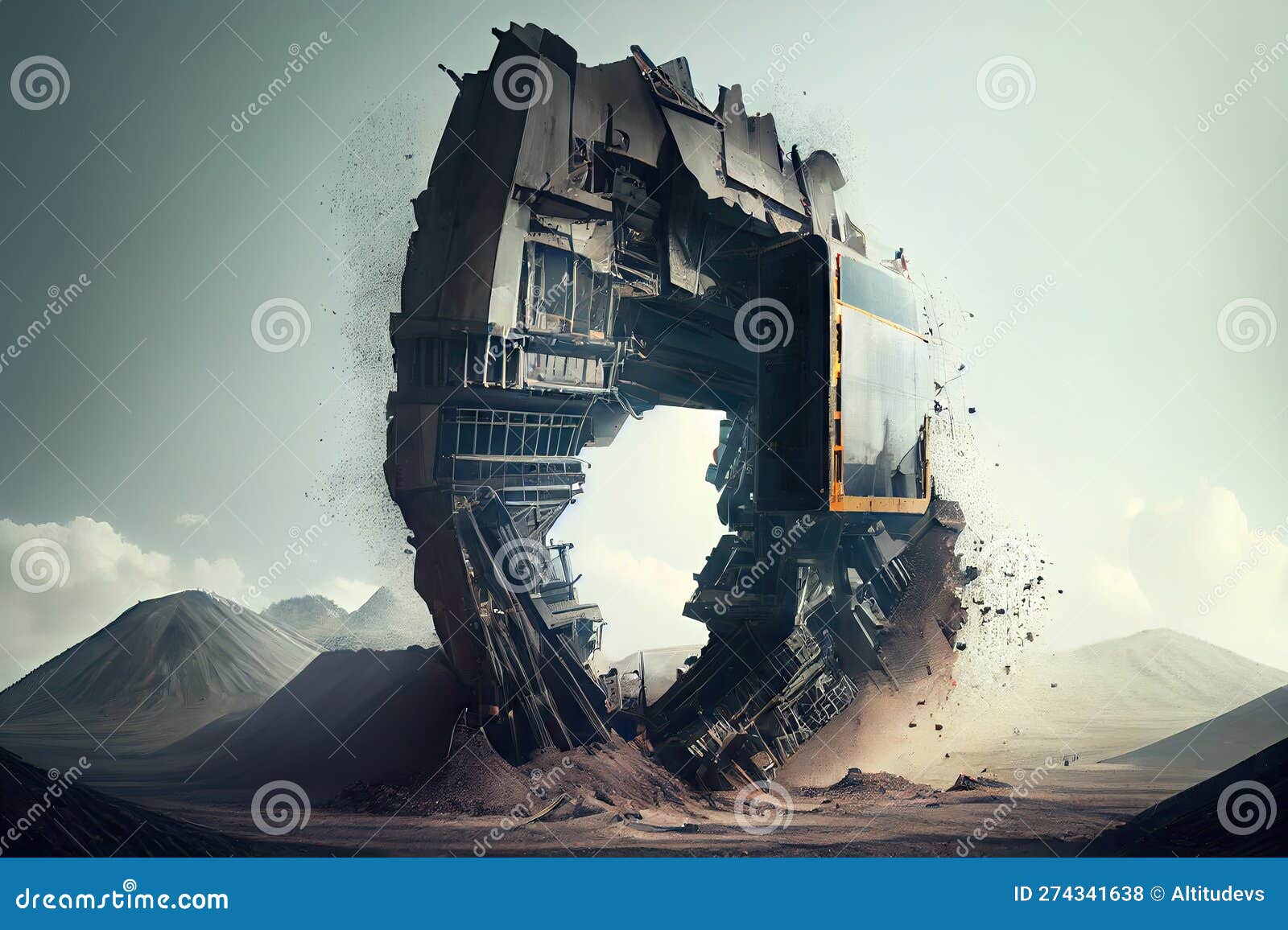 Towering Machines Digging into Coal Mine, Creating Double-exposure ...