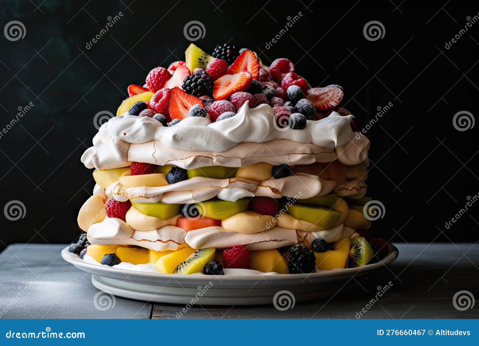 Towering Meringue Dessert with Layers of Fruit and Cream Stock Image ...