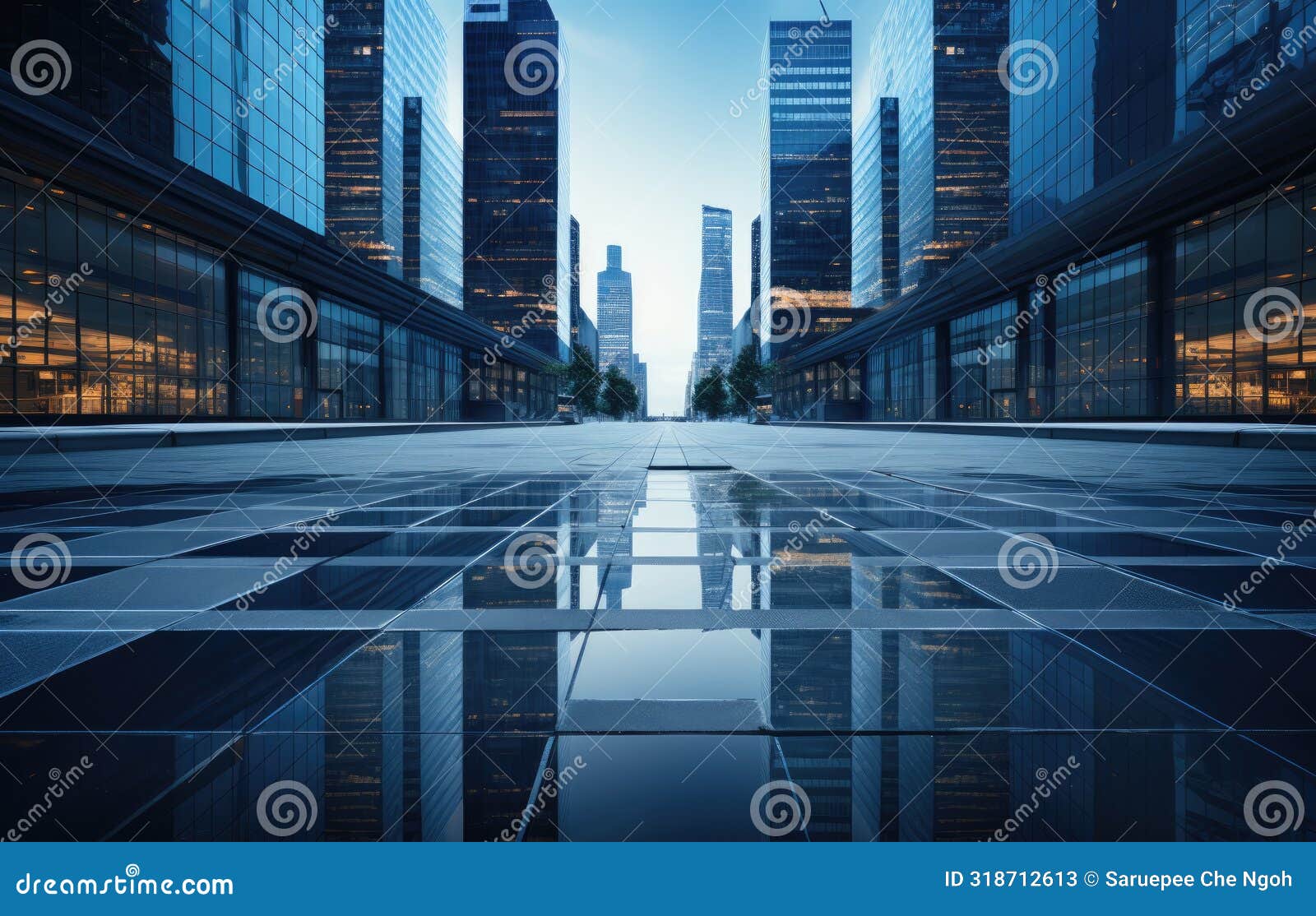 Towering Modern Buildings Linear Perspective Mirrored Reflections ...