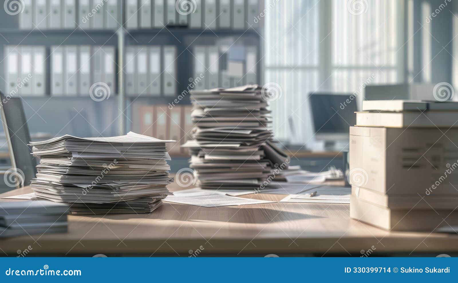 Towering Paperwork Stack Dominates Busy Desk Scene Stock Photo - Image ...