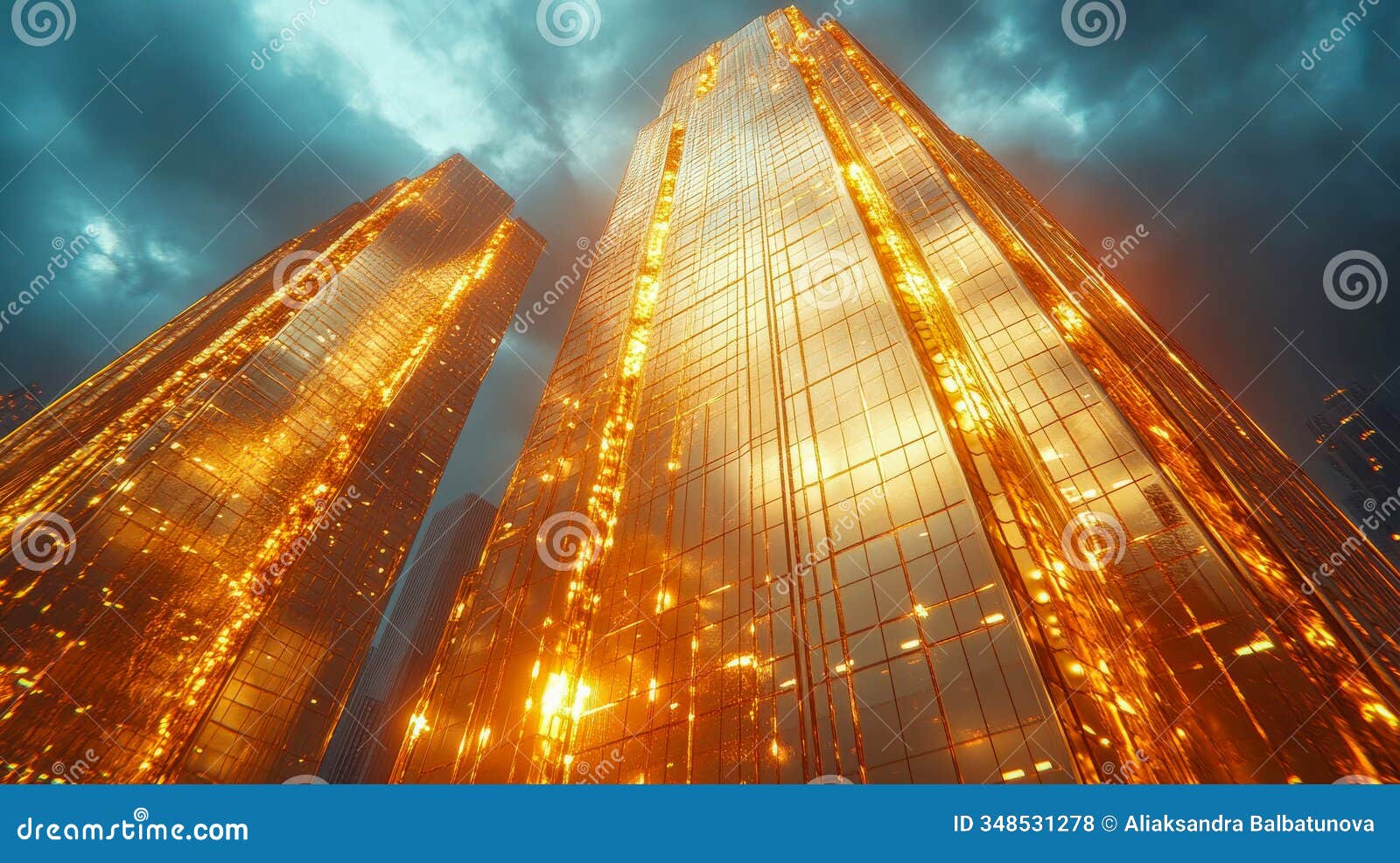 A Towering, Reflective Golden Skyscraper Ascending into the Clouds ...