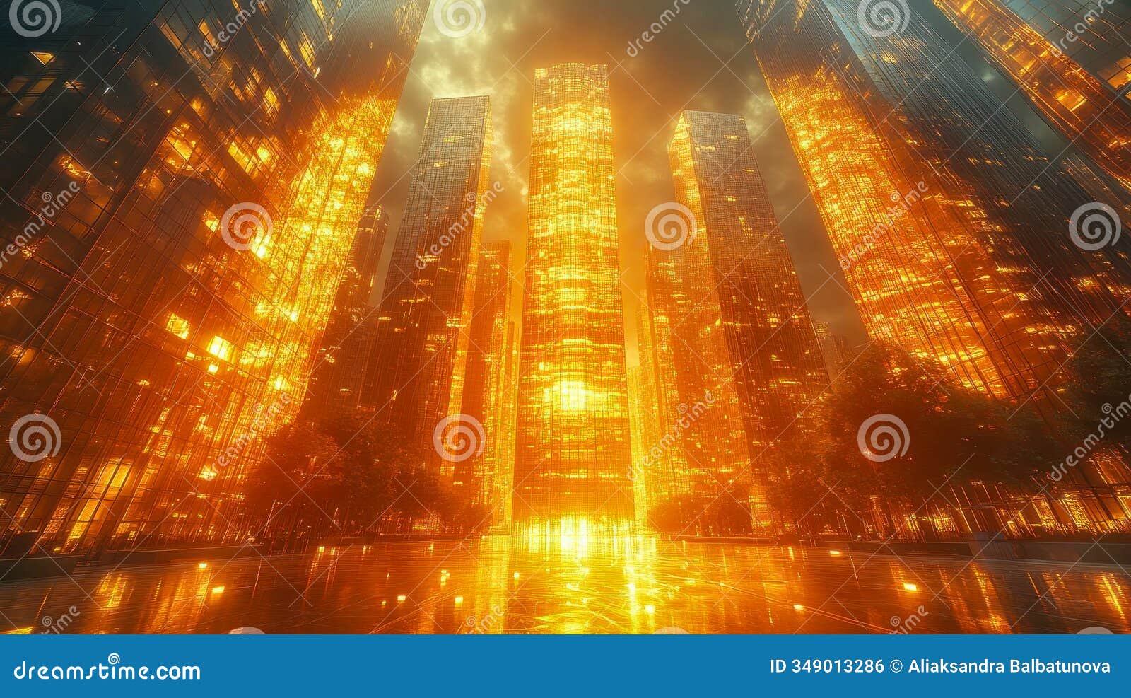 A Towering, Reflective Golden Skyscraper Ascending into the Clouds ...