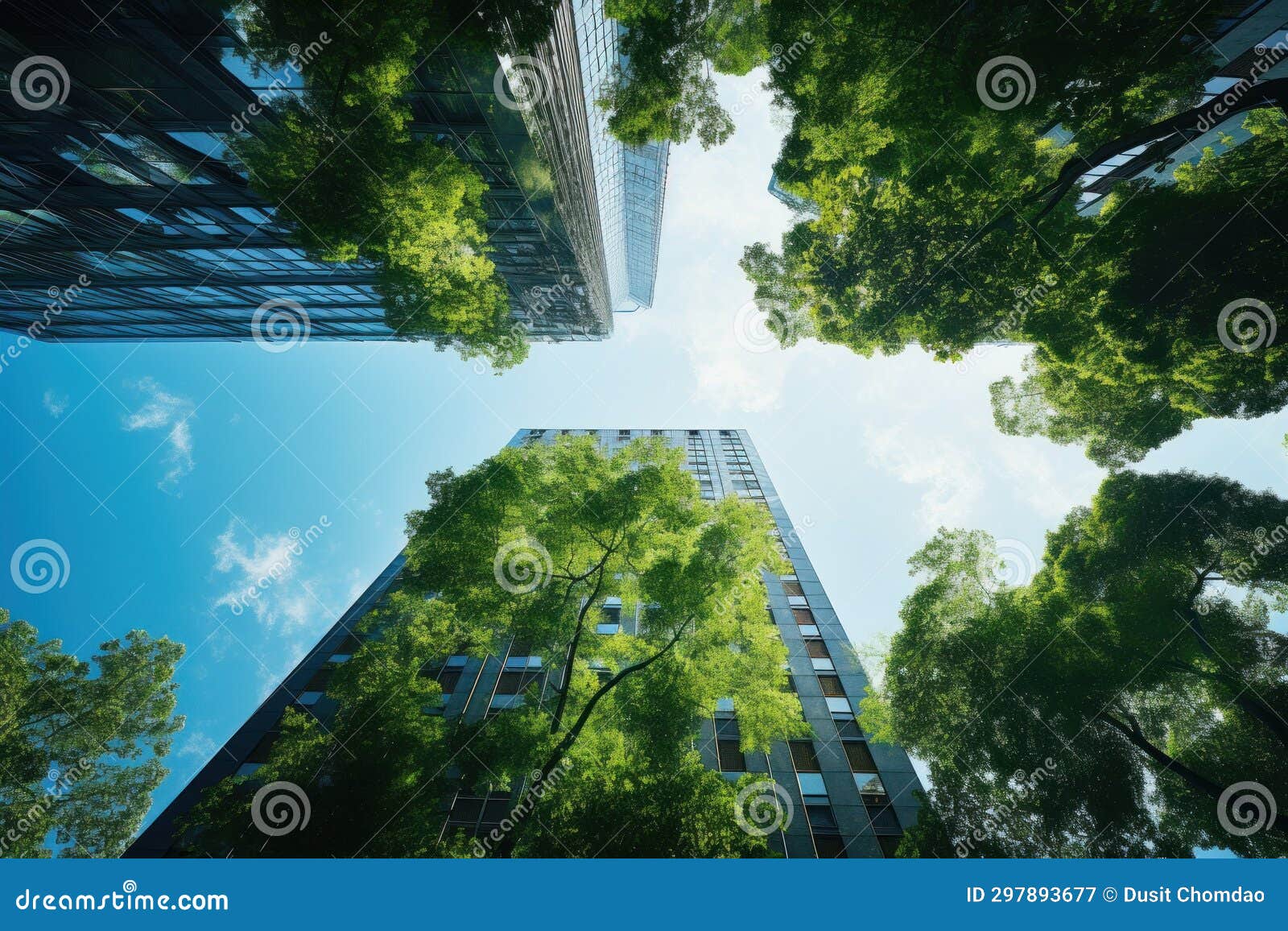 A Towering Skyscraper Seen from a Worm S-eye View, Green Tree, Skylight ...