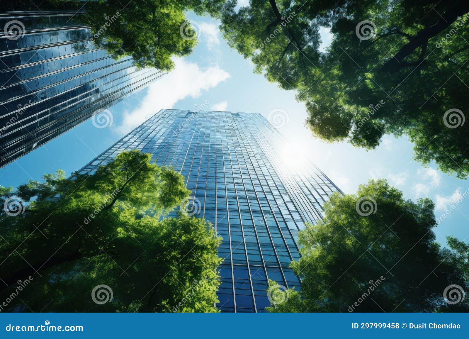 A Towering Skyscraper Seen from a Worm S-eye View, Green Tree, Skylight ...