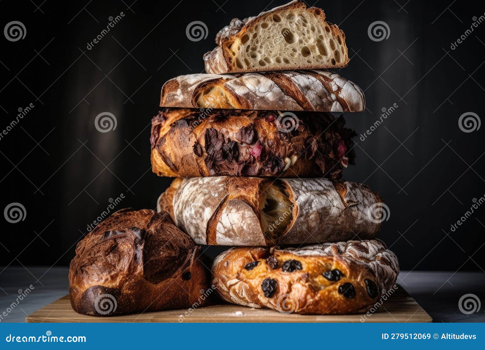 Towering Stack of Artisan Breads, with Each Slice Cut Perfectly and ...