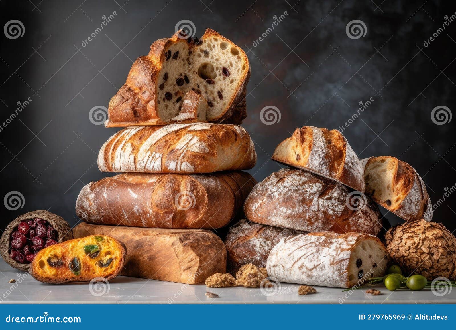 Towering Stack of Artisan Breads, with Each Slice Cut Perfectly and ...