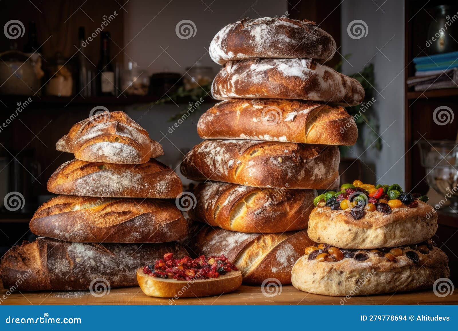 Towering Stack of Artisan Breads, with Each Slice Cut Perfectly and ...