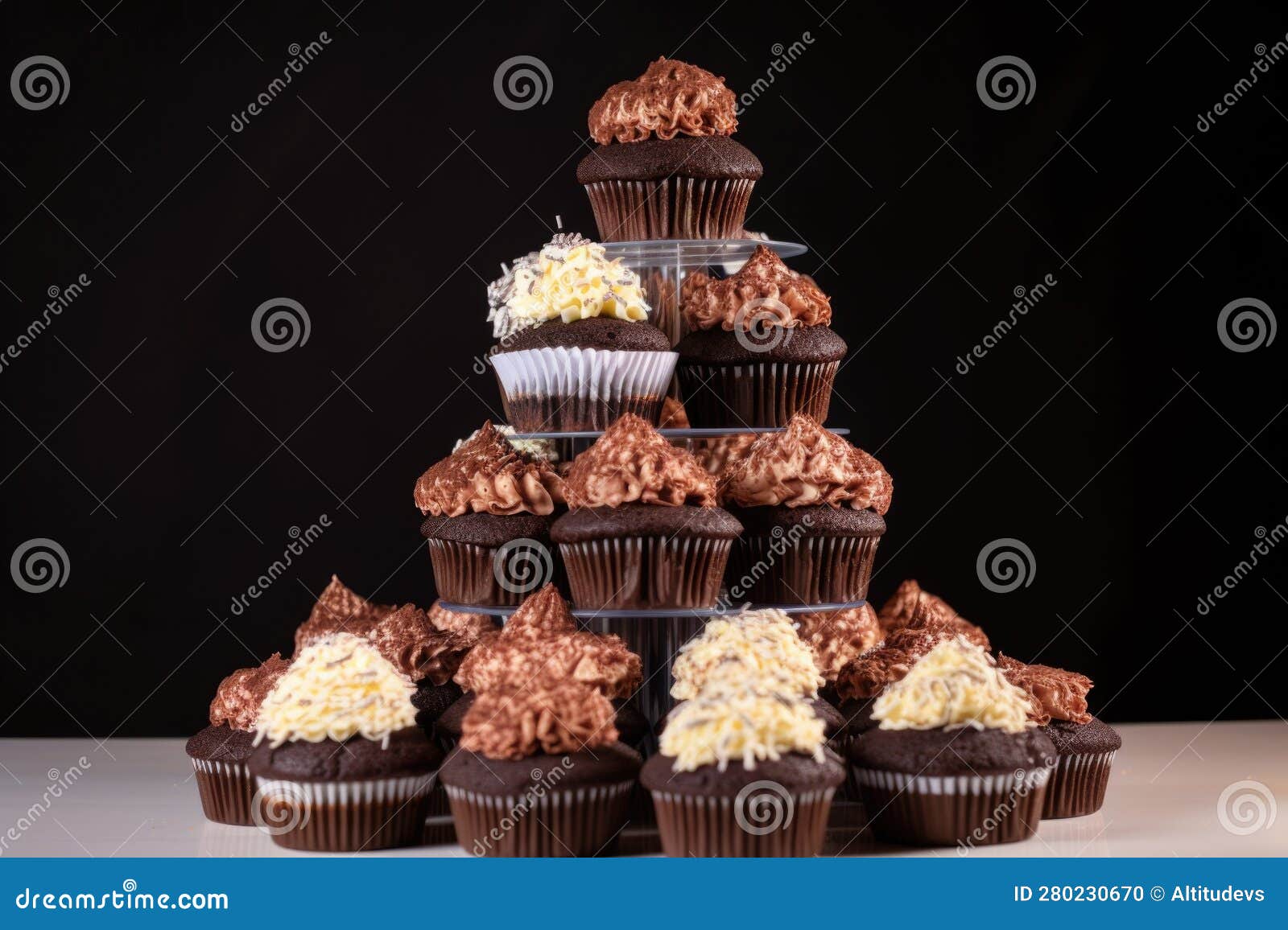 Towering Stack of Chocolate Cupcakes with Cascading Lace Frosting Stock ...