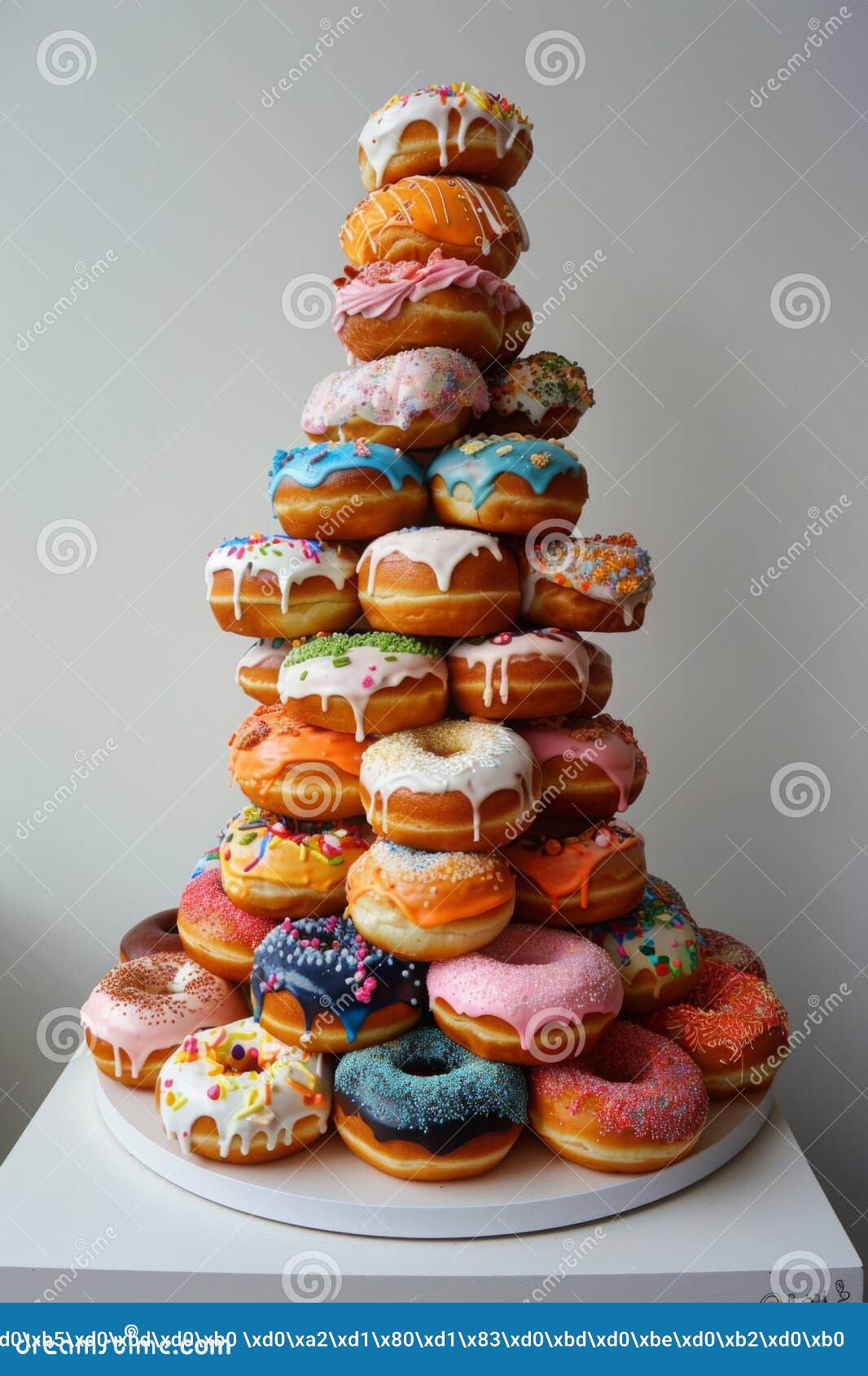 A Towering Stack of Colorful Donuts with Various Icings and Sprinkles ...