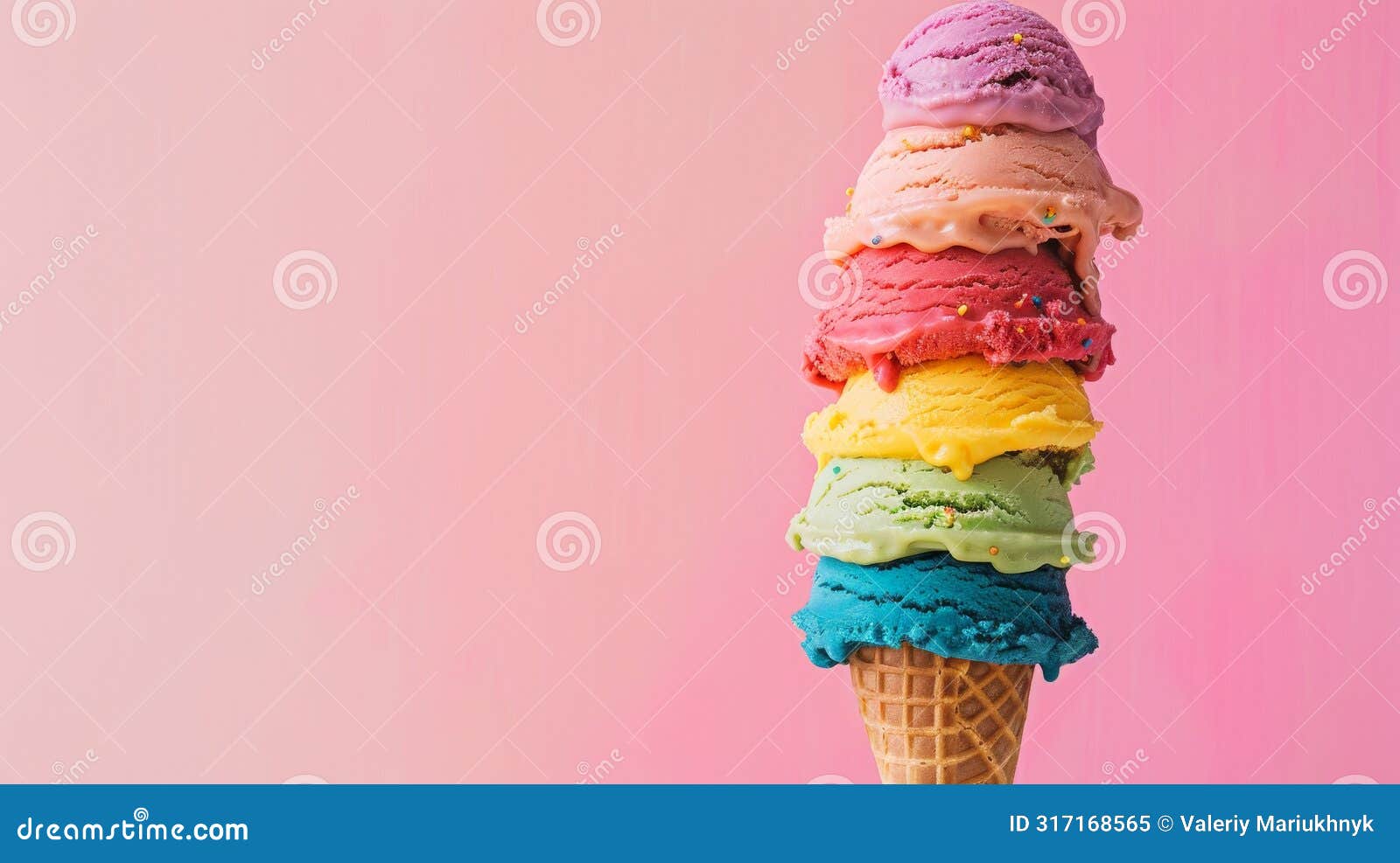 Towering Stack of Colorful Ice Cream Scoops Dripping on a Cone Against ...
