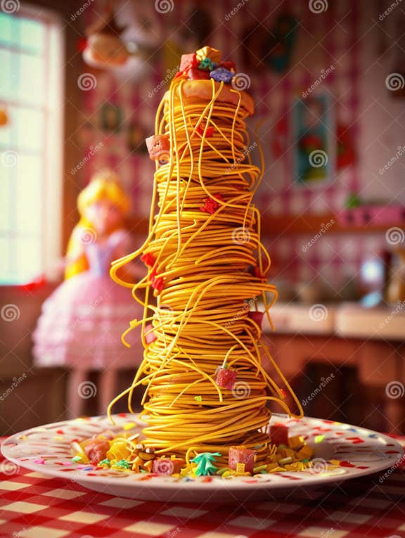 A Towering Stack of Colorful Spaghetti Decorated with Candy Pieces on a ...