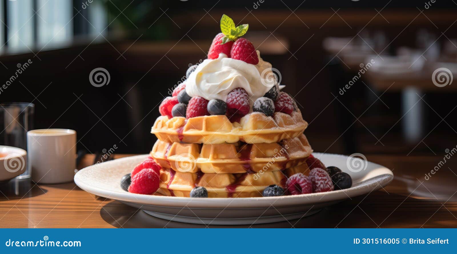 A Towering Stack of Delicious Waffles with Whipped Cream and Fruits ...