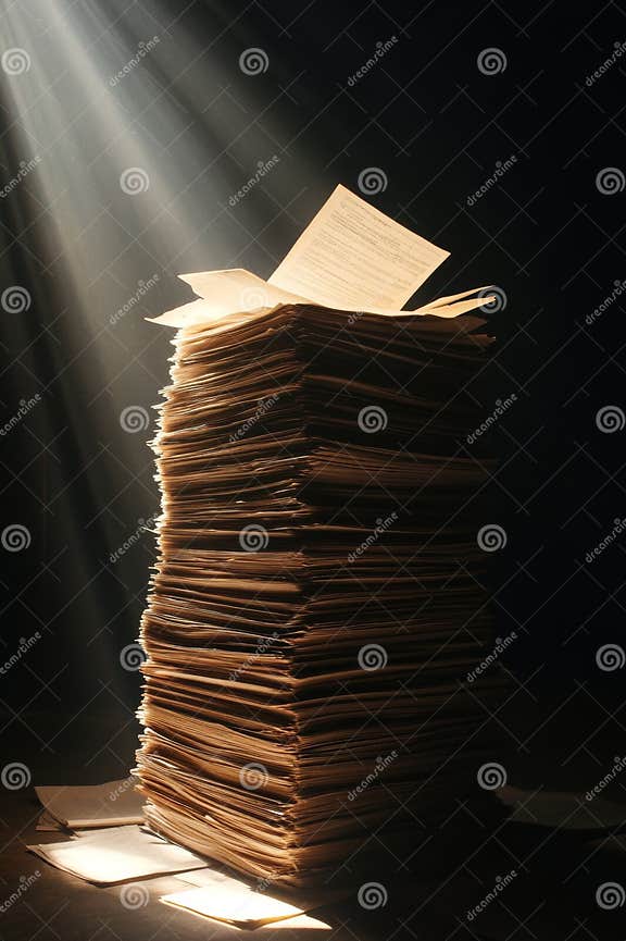 Towering Stack of Documents Illuminated by Dramatic Sunlight in a Dark ...