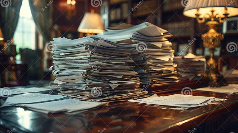 A Towering Stack of Papers Dominates the Rustic Wooden Desk, Creating ...