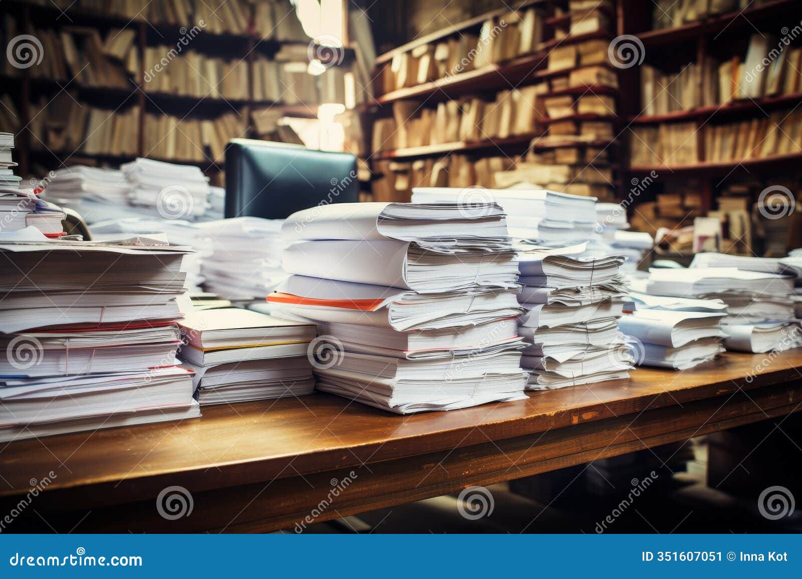 A Towering Stack of Papers Sits on a Cluttered Desk in a Bright Office ...