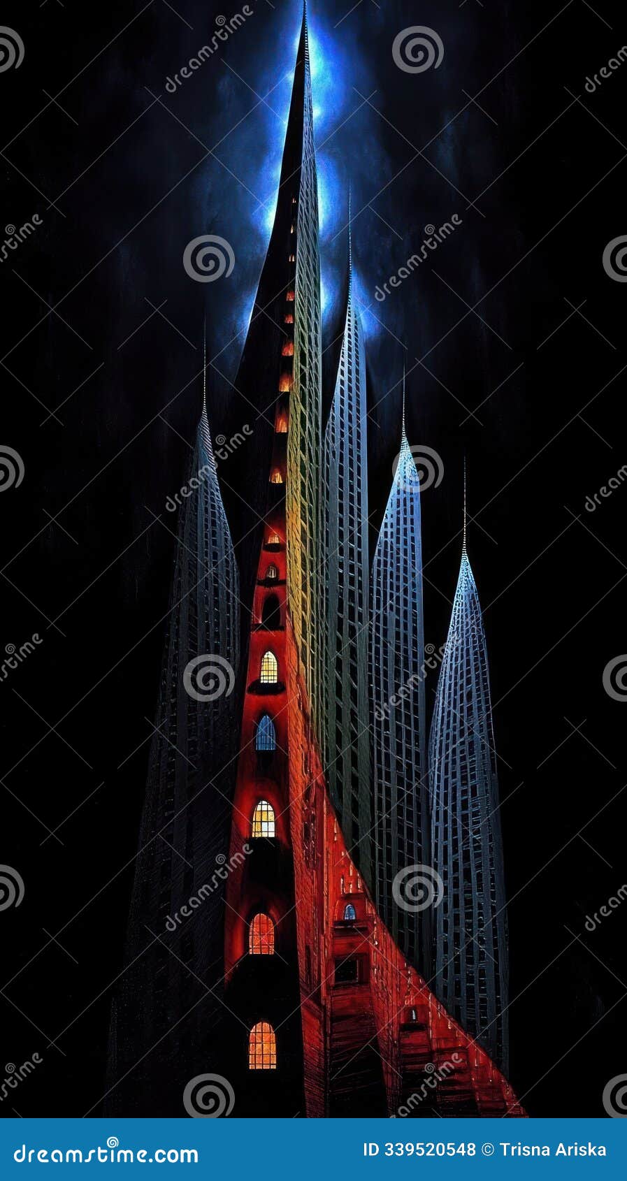 A Towering, Surreal Structure with Sharp Peaks and Illuminated Windows ...