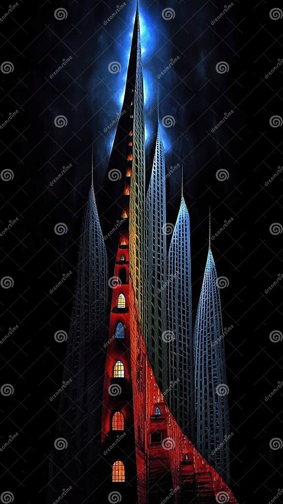 A Towering, Surreal Structure with Sharp Peaks and Illuminated Windows Against a Dark Background ...